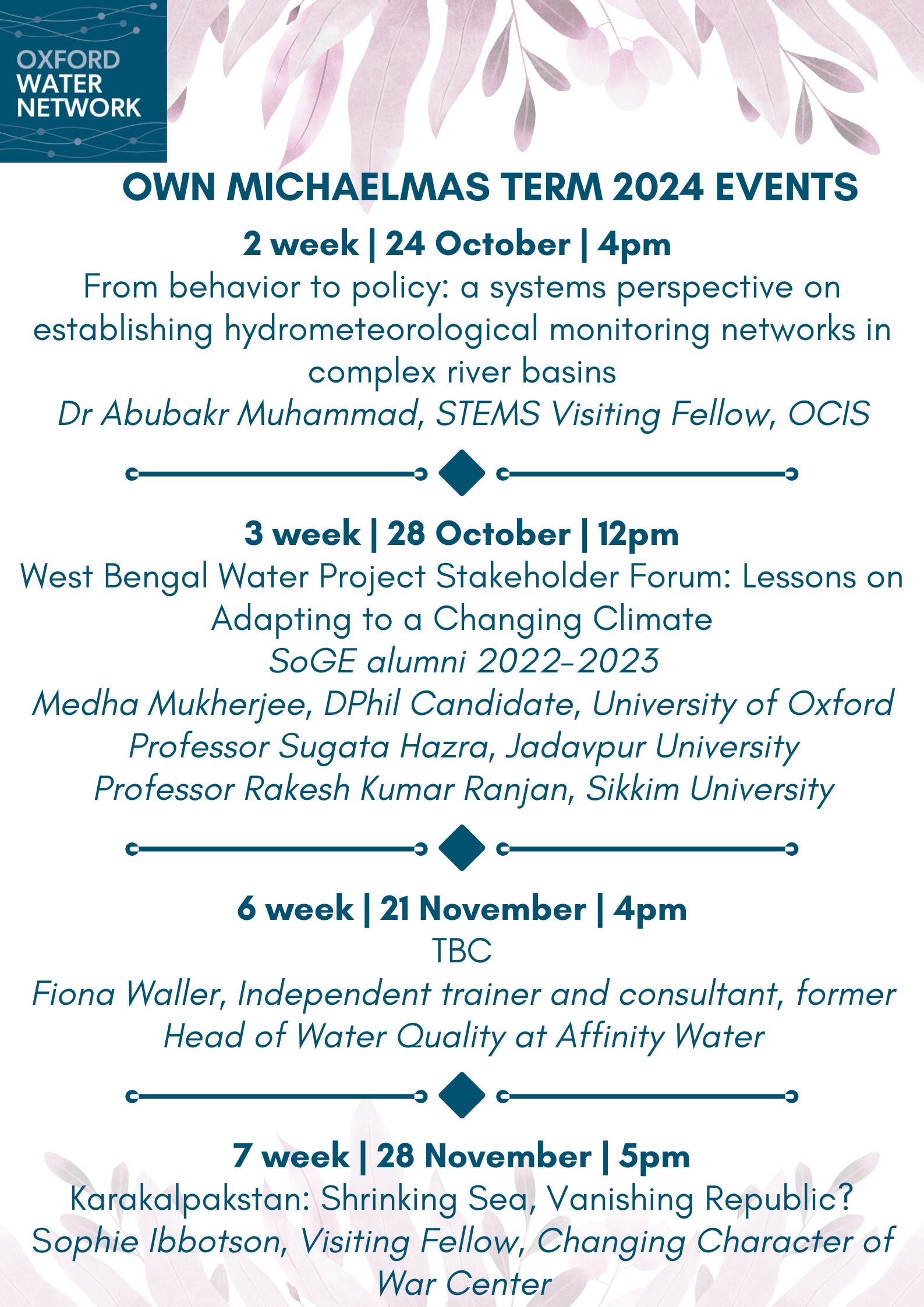 OWN Michaelmas Term Card | Oxford Water Network